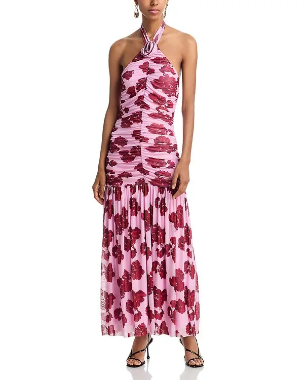 Aqua Floral Mesh Rosette Maxi Dress Exclusive