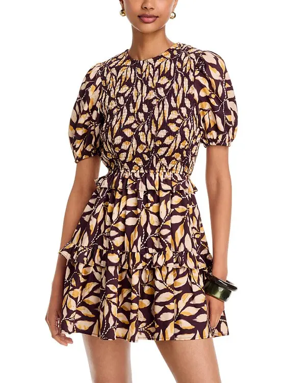Aqua Leaf Print Smocked Puff Sleeve Mini Dress