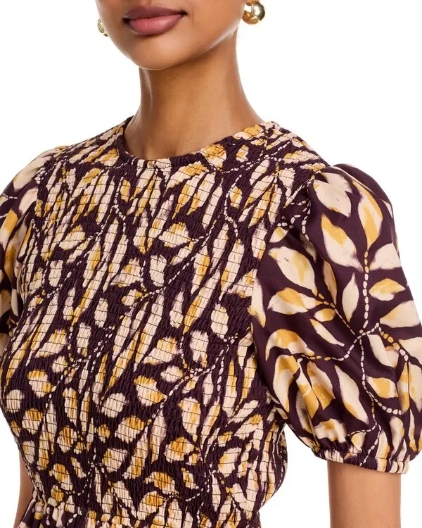 Aqua Leaf Print Smocked Puff Sleeve Mini Dress