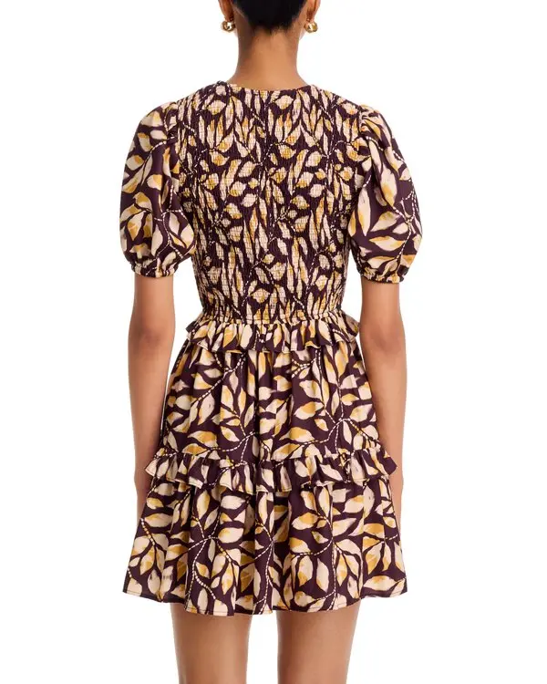 Aqua Leaf Print Smocked Puff Sleeve Mini Dress