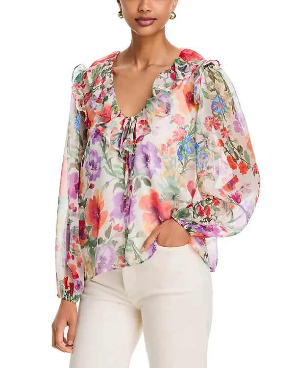 Aqua Floral Print Ruffle Neck Blouse Exclusive - Ivory Multi