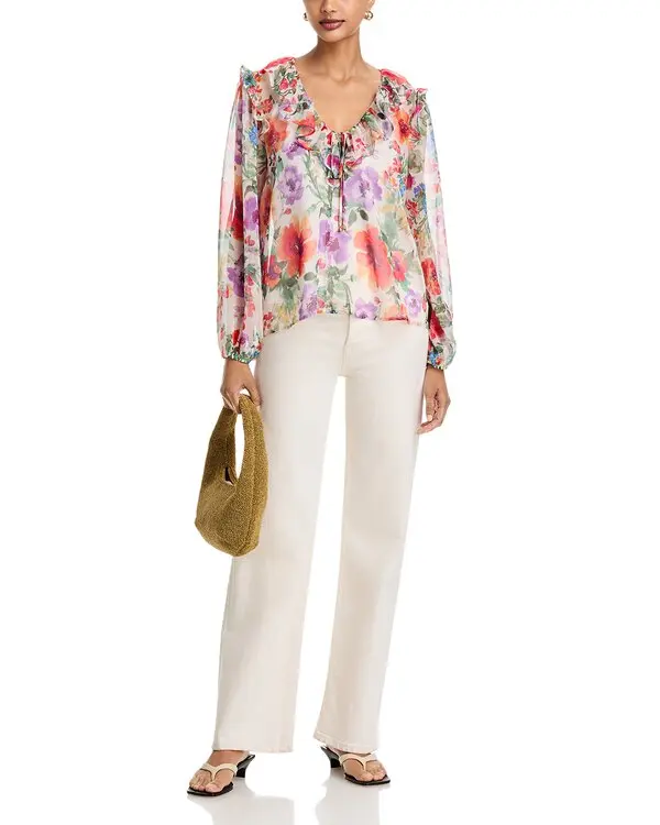 Aqua Floral Print Ruffle Neck Blouse Exclusive