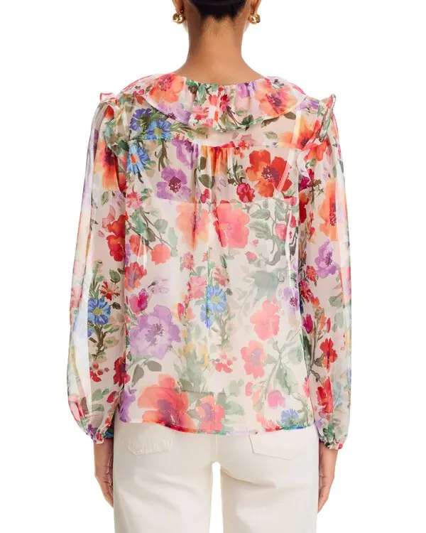 Aqua Floral Print Ruffle Neck Blouse Exclusive