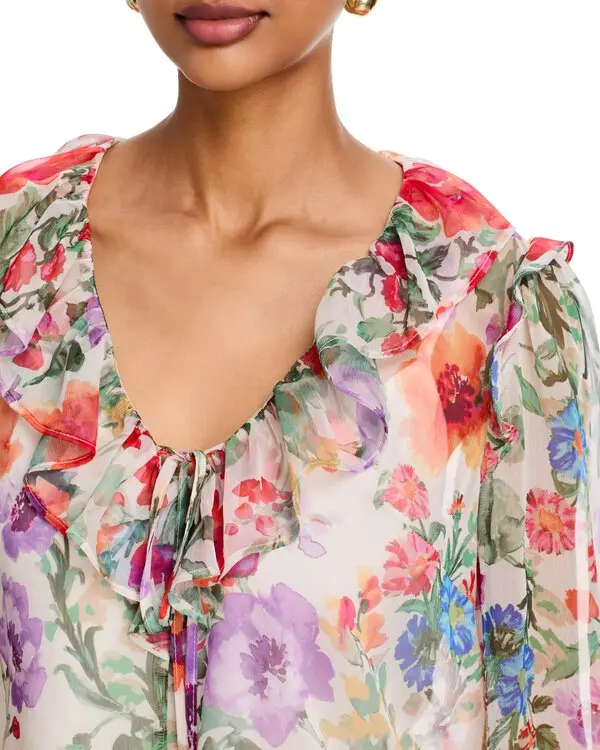 Aqua Floral Print Ruffle Neck Blouse Exclusive