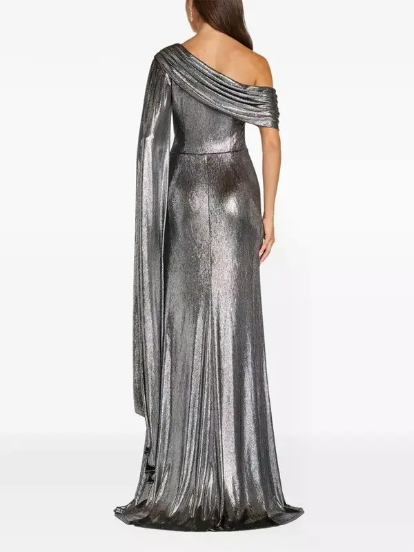 tadashi shoji grey dress Metallic One-shoulder Maxi c-neon green