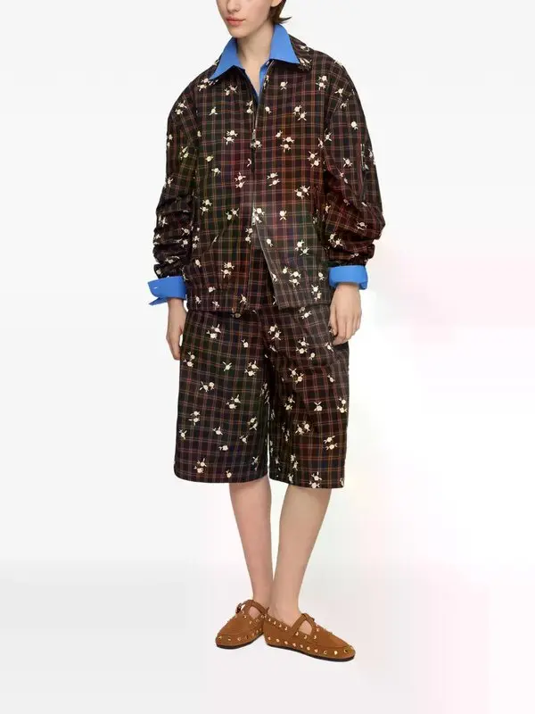 GANNI Floral Check Bomber Jacket - Brown