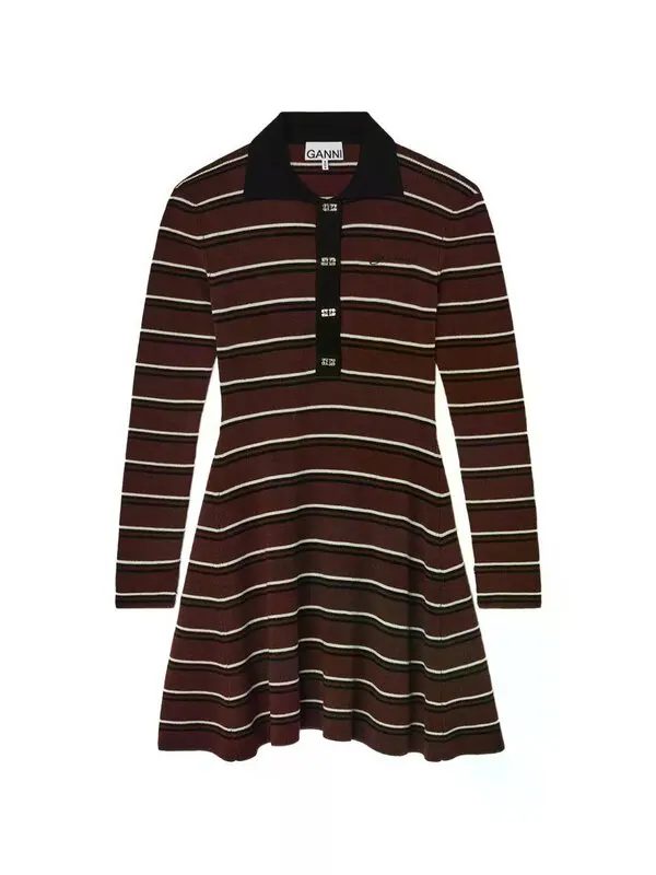GANNI Striped Knit Polo Mini Dress - Brown