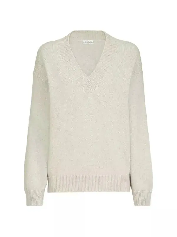 Brunello Cucinelli V-neck Sequin Embellished Sweater - Neutrals