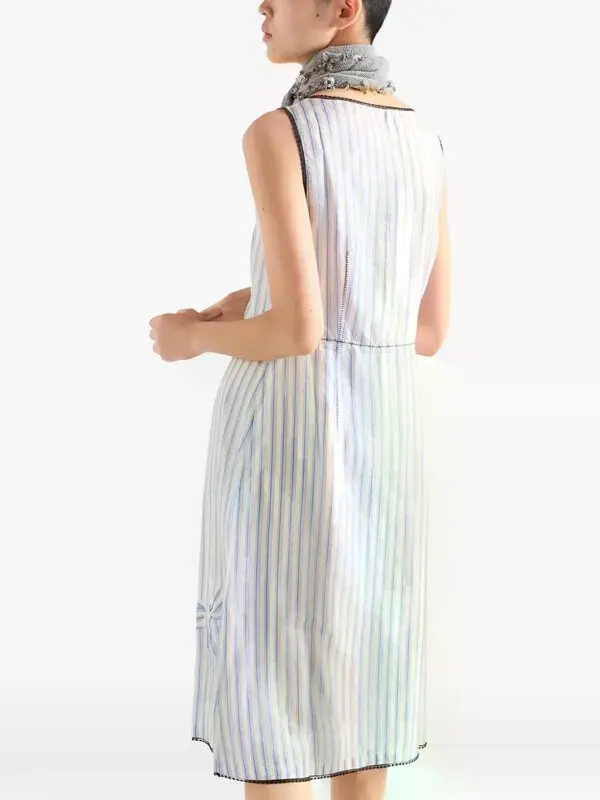 Prada Striped V-neck Dress With Appliqué Bow And Lace Trim