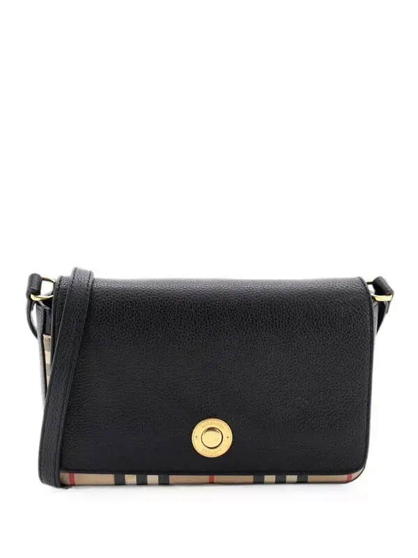 Burberry Hampshire Shoulder Bag Leather And Vintage Check Canvas Small Crossbody Bag - Black