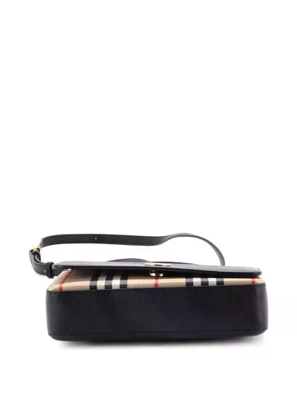 Burberry Hampshire Shoulder Bag Leather And Vintage Check Canvas Small Crossbody Bag - Black