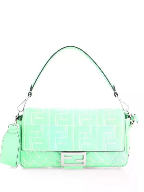 Fendi Baguette Nm Bag Zucca Stitched Embossed Leather Medium Crossbody Bag - Green