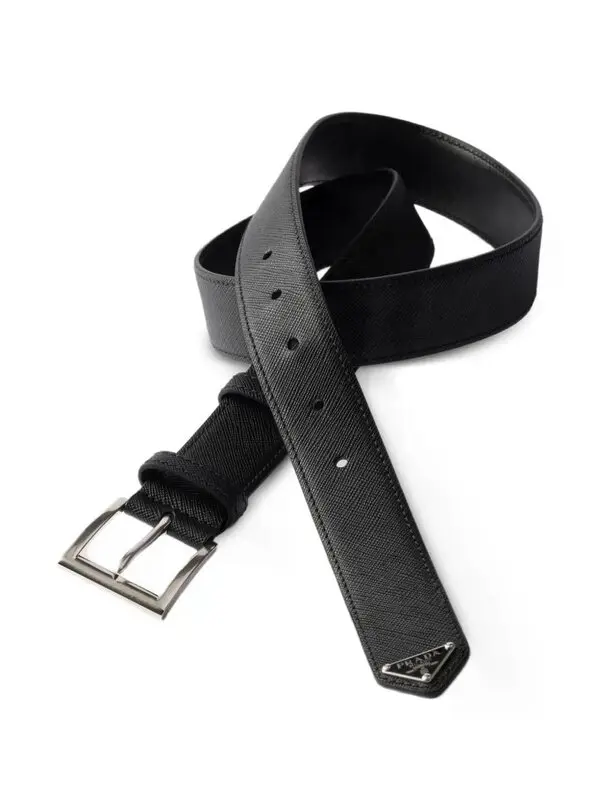 Prada Saffiano Leather Belt With Enamel Triangle Logo Buckle - Black