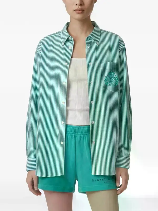 SPORTY & RICH Ny Crest Striped Embroidered-crest Shirt - Green