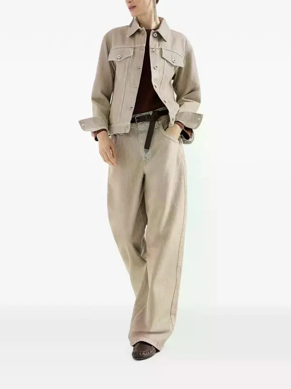Brunello Cucinelli Lamé-denim Baggy Trousers With Monili - Neutrals