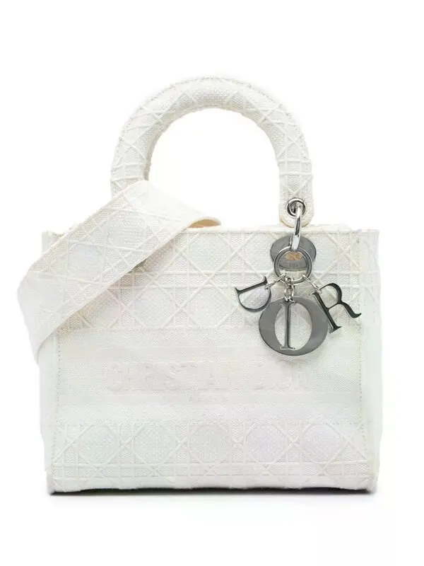 Dior Medium Embroidered Canvas Cannage Lady D Lite Satchel - White