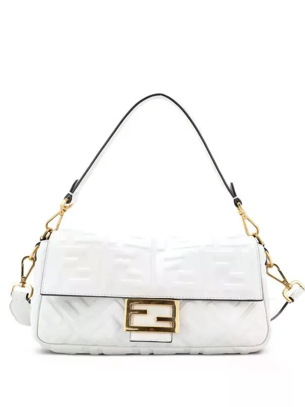 Fendi Baguette Nm Bag Zucca Embossed Leather Medium Crossbody Bag - White