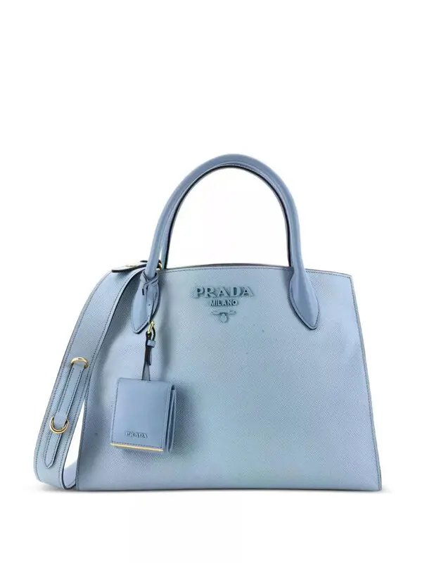 Prada Monochrome Saffiano With City Calf Medium Tote Bag - Blue