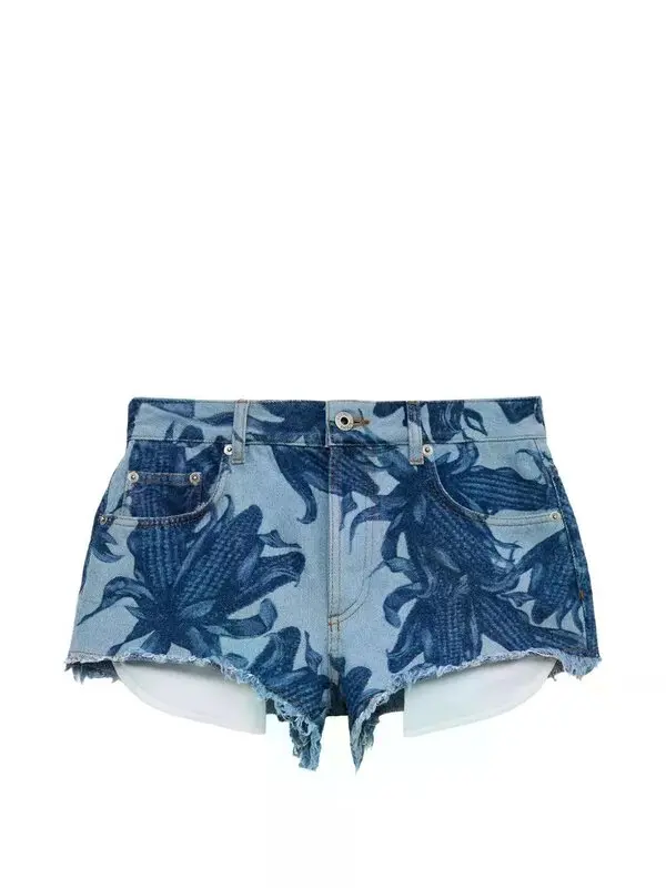 Loewe Floral Print Frayed Hem Shorts - Blue