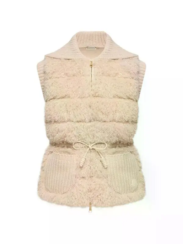 Moncler Quilted Shearling-effect Vest With High Neck And Drawstring Waist - Neutrals