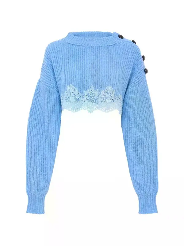 Chloé Lace-trimmed Button-shoulder Cropped Sweater - Blue