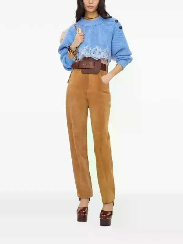 Chloé Lace-trimmed Button-shoulder Cropped Sweater - Blue