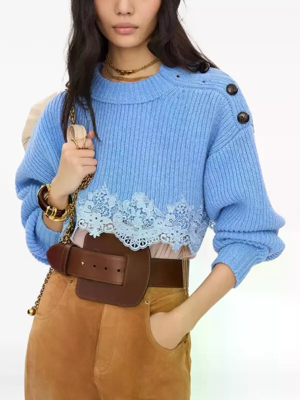 Chloé Lace-trimmed Button-shoulder Cropped Sweater - Blue