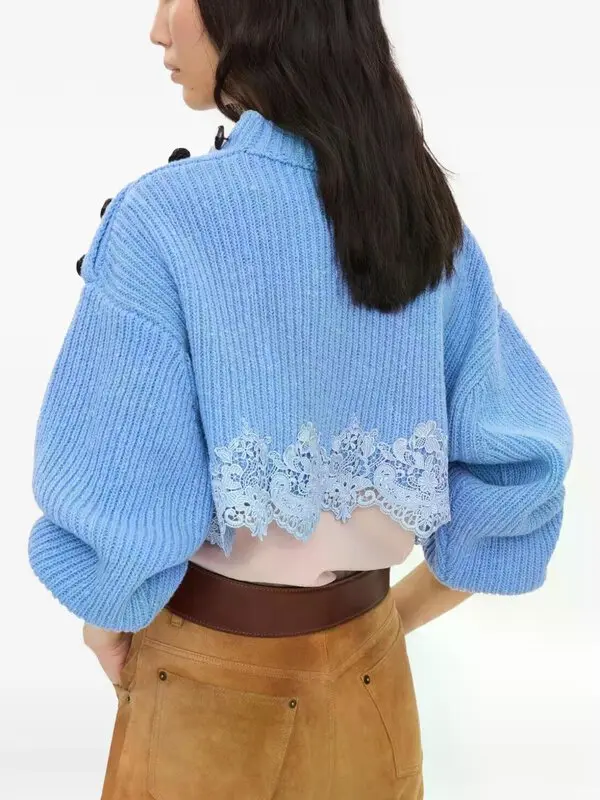 Chloé Lace-trimmed Button-shoulder Cropped Sweater - Blue