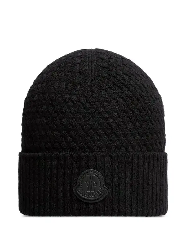 Moncler Logo Patch Beanie Hat - Black