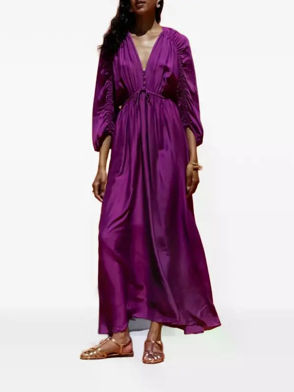 NEMA Maxi Dress With Ruched Sleeves And Drawstring Waist