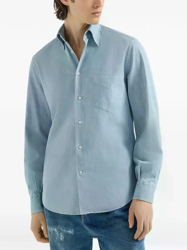 Brunello Cucinelli Lightweight Denim Shirt With Italian Collar And Chest Pocket - Blue