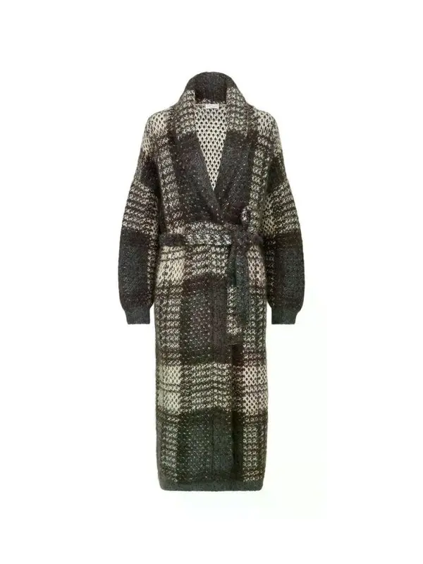 Brunello Cucinelli Dazzling Tartan Double Knit Coat In Mohair, Virgin Wool And Cashmere - Brown