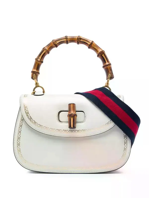Gucci 2016-2026 Calfskin Frame Print Bamboo Web Top Handle Bag Satchel - White
