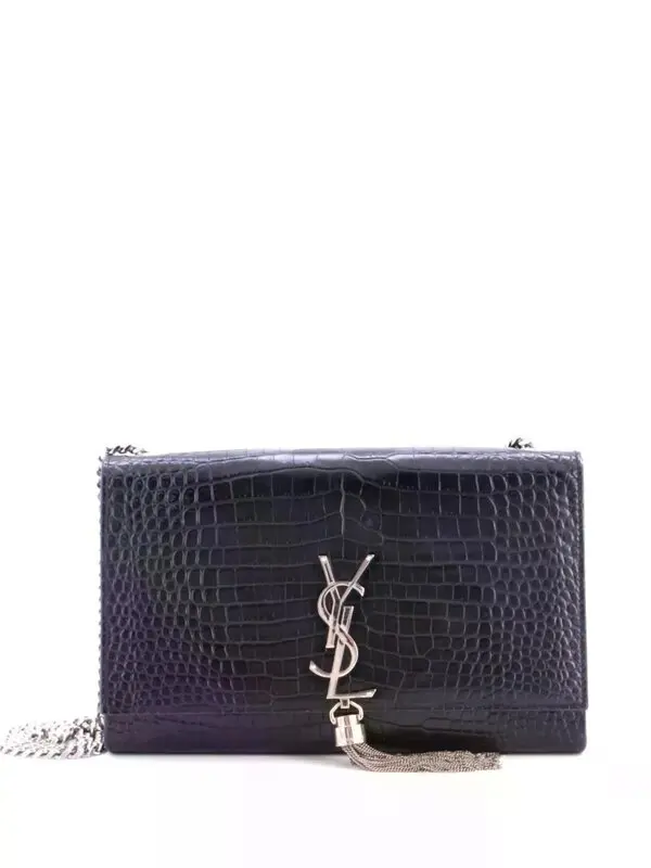 Saint Laurent Monogram Tassel Crocodile Embossed Leather Medium Crossbody Bag - Black