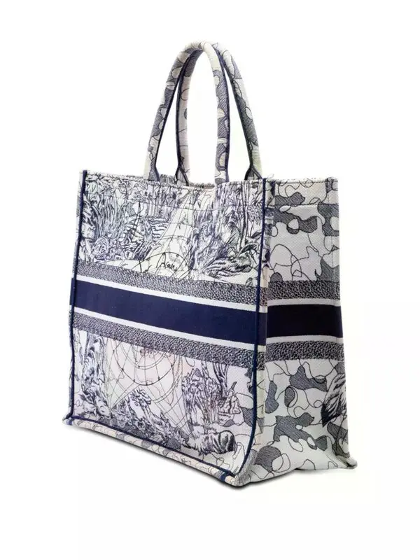 Dior Large Canvas Embroidered Around The World Book Tote Bag - White