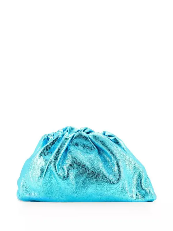 Bottega Veneta The Pouch Crinkled Metallic Leather Clutch Bag - Blue