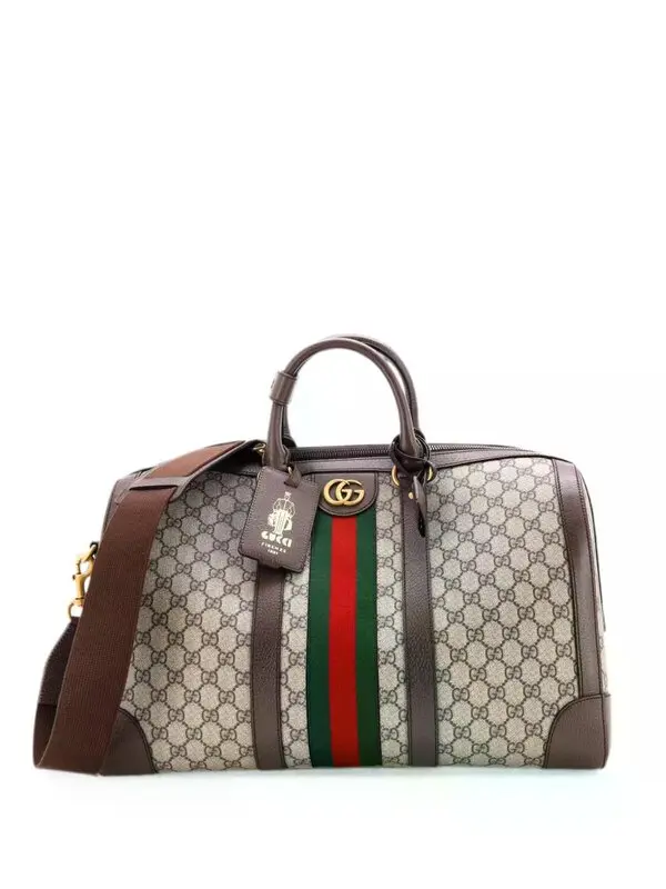 Gucci Savoy Web Convertible Duffle Bag Gg Coated Canvas Medium Travel Bag - Brown