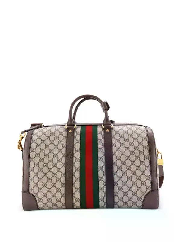 Gucci Savoy Web Convertible Duffle Bag Gg Coated Canvas Medium Travel Bag - Brown