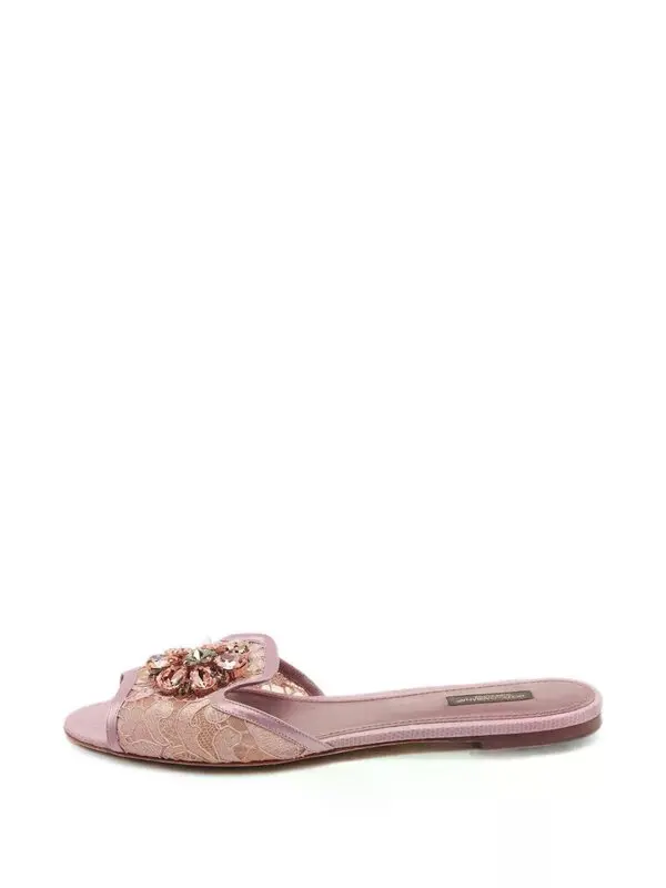 Dolce & Gabbana Bianca Lace Crystal Embellished Slip-on Sandals