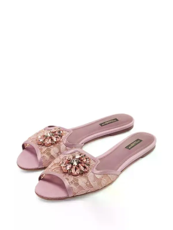 Dolce & Gabbana Bianca Lace Crystal Embellished Slip-on Sandals