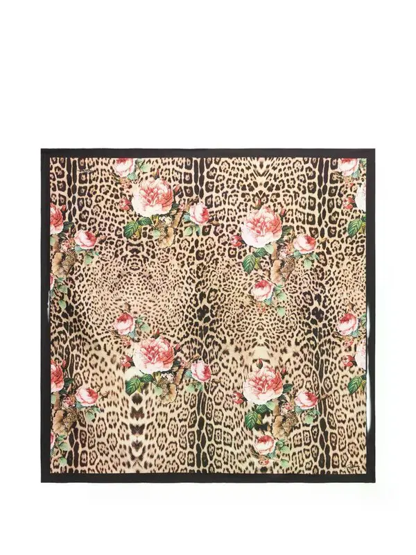 Roberto Cavalli Leopard-print Floral-motif Scarf - Neutrals