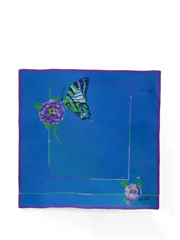 KEN SCOTT Floral-print Butterfly-motif Scarf - Blue