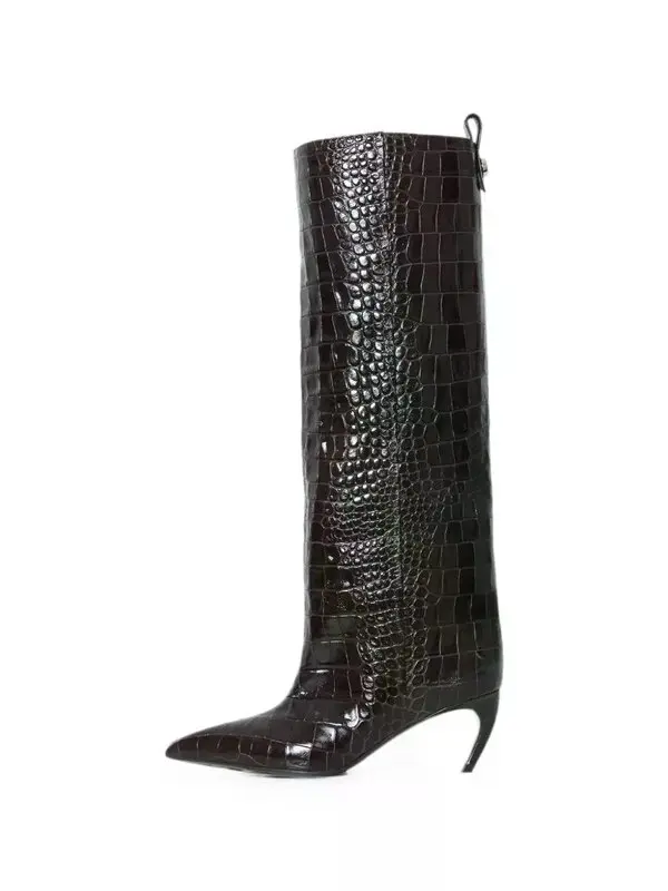 Attico Lea Croc-print Pointed Toe Knee-high Boots - Brown