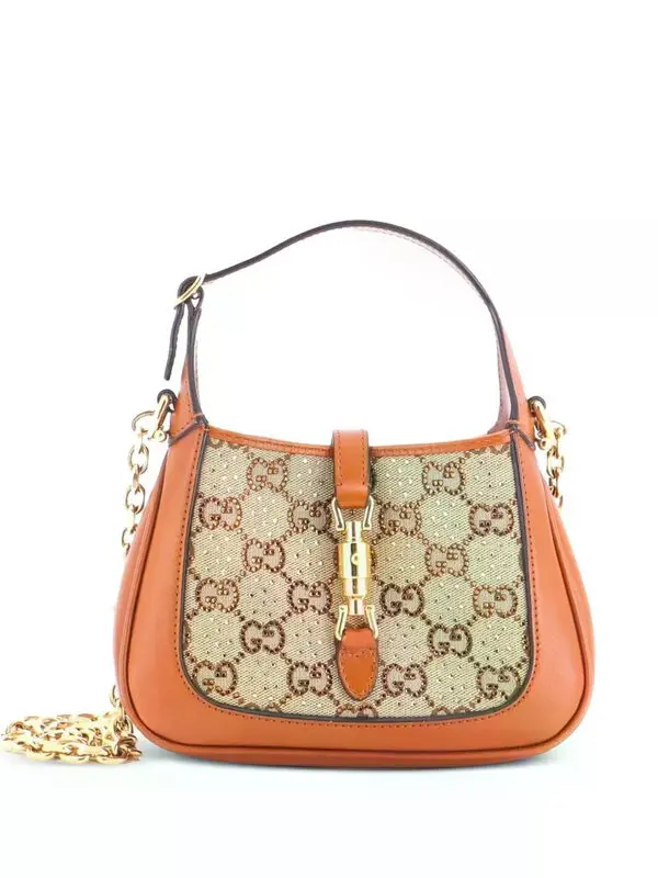 Gucci Jackie 1961 Chain Crystal Embellished Gg Canvas Mini Hobo Bag - Brown