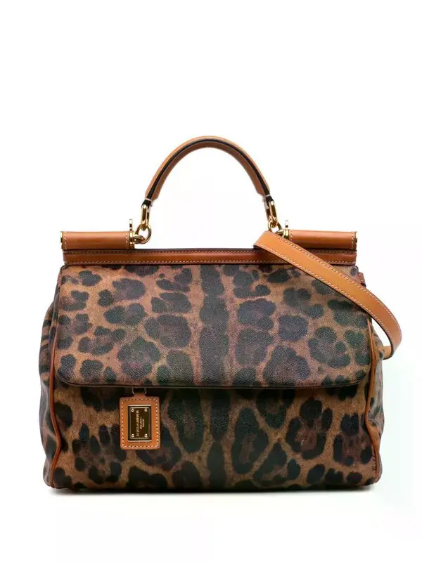 Dolce & Gabbana 2000-2026 Large Leopard Print Coated Canvas Miss Sicily Satchel - Brown