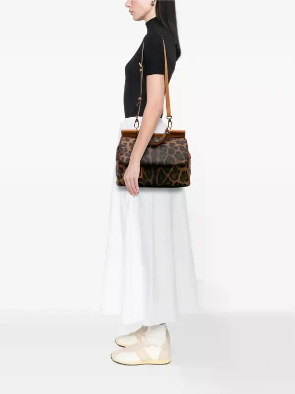 Dolce & Gabbana Leopard Print Coated Canvas Miss Sicily Satchel - Brown