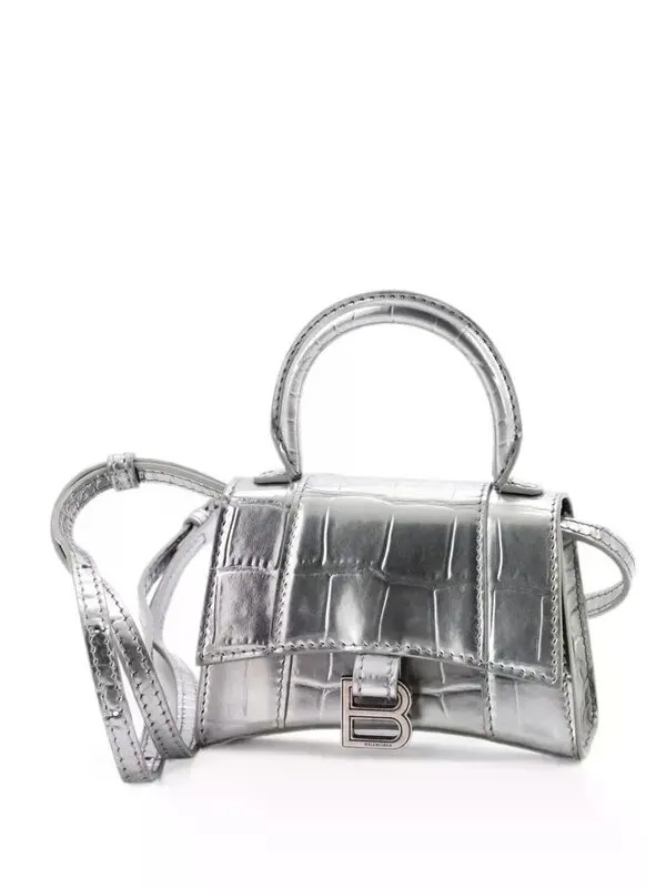 Balenciaga Hourglass Top Handle Bag Crocodile Embossed Leather Mini Crossbody Bag - Metallic