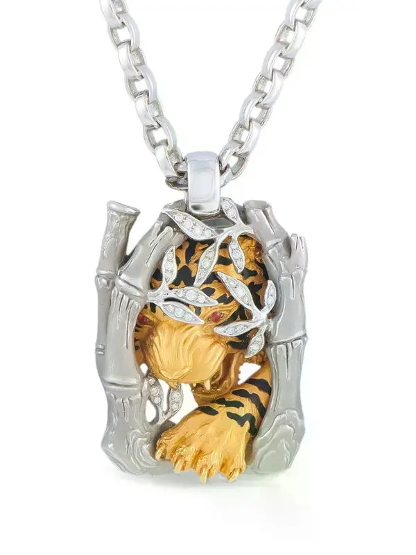 MAGERIT 18k Gold Diamond Tiger Motif Pendant Necklace - Silver
