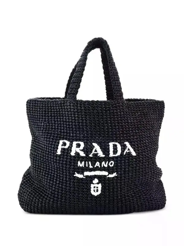 Prada Logo Raffia Large Tote Bag - Black