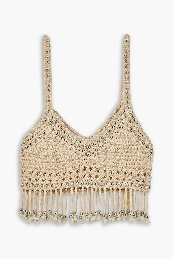 Rabanne Cropped Tasseled Beadembellished Crocheted Cotton Camisole